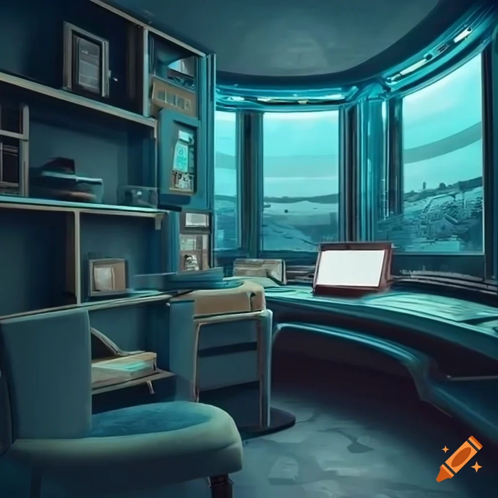 A office. In a retro futuristic enviroment. Ultra realistic. high ...