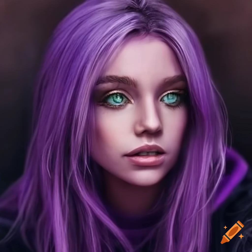 Purple hair, green eyes, purple sweater