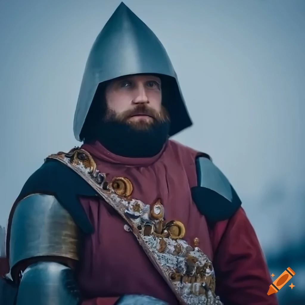 Medieval knight naval captain on ski slopes in mountains. He has a ...