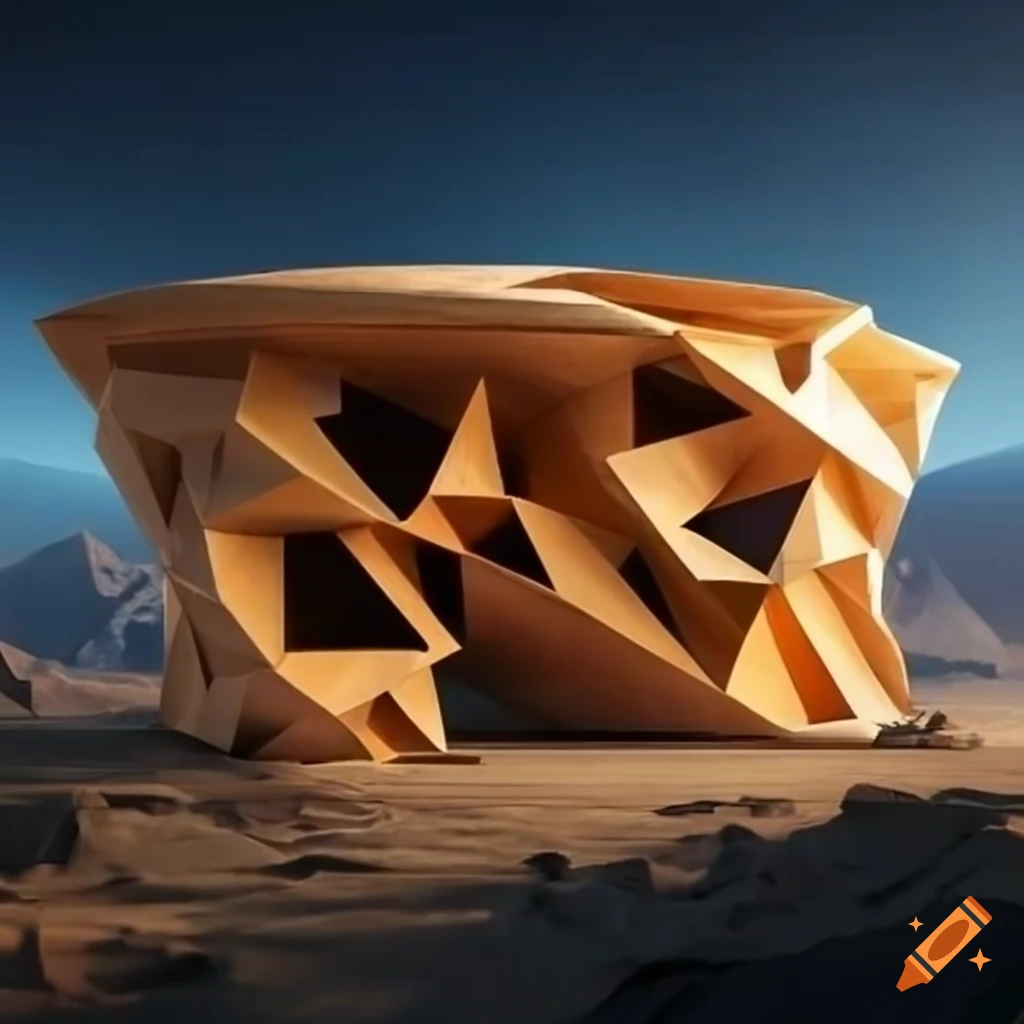 Crumpled and twisted polygonal home structured wood home in an alien ...