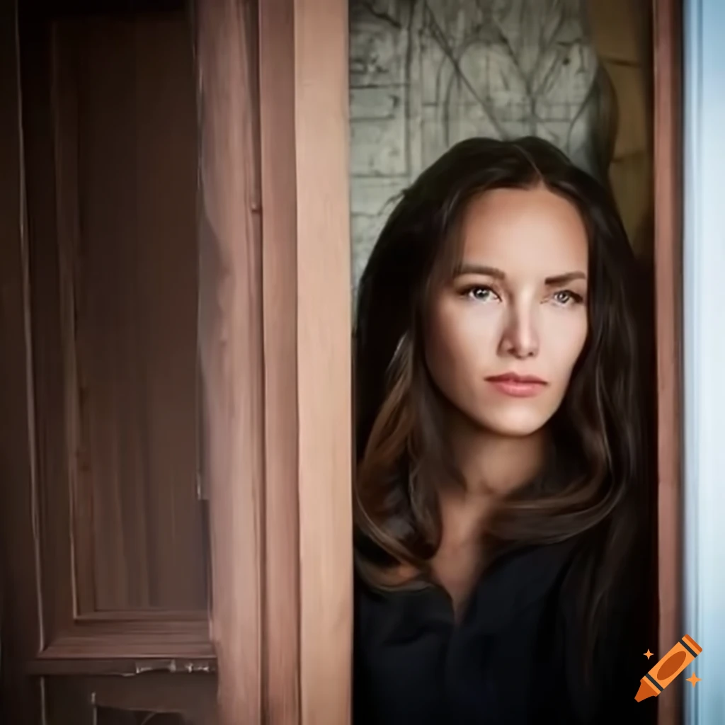 A hyper-realistic portrait of an-attractive-looking woman leaning-at-a ...