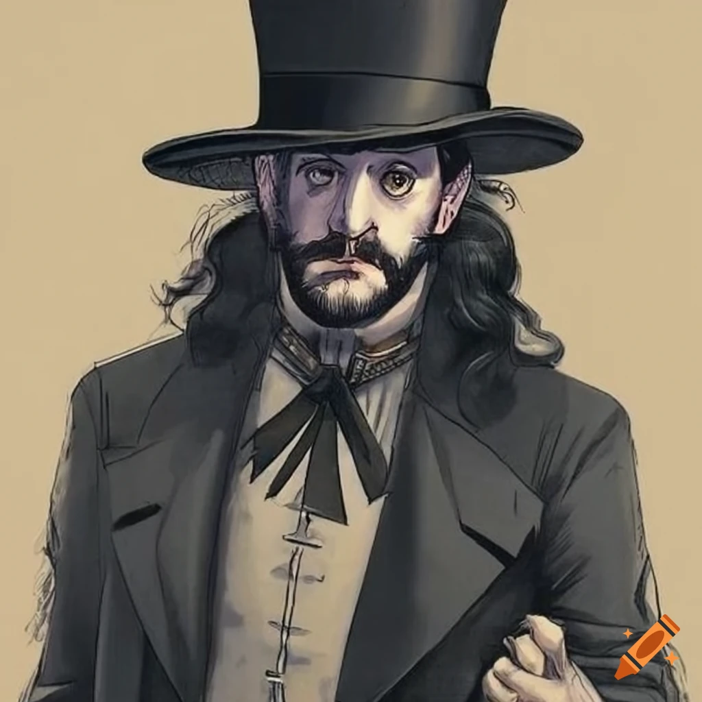 Tall, thin, pale, male victorian undertaker with long black greasy hair ...