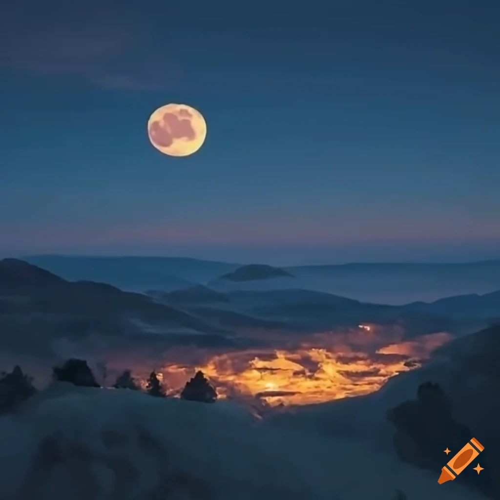 A hill at night full moon slight cloud cover houses in valley with ...
