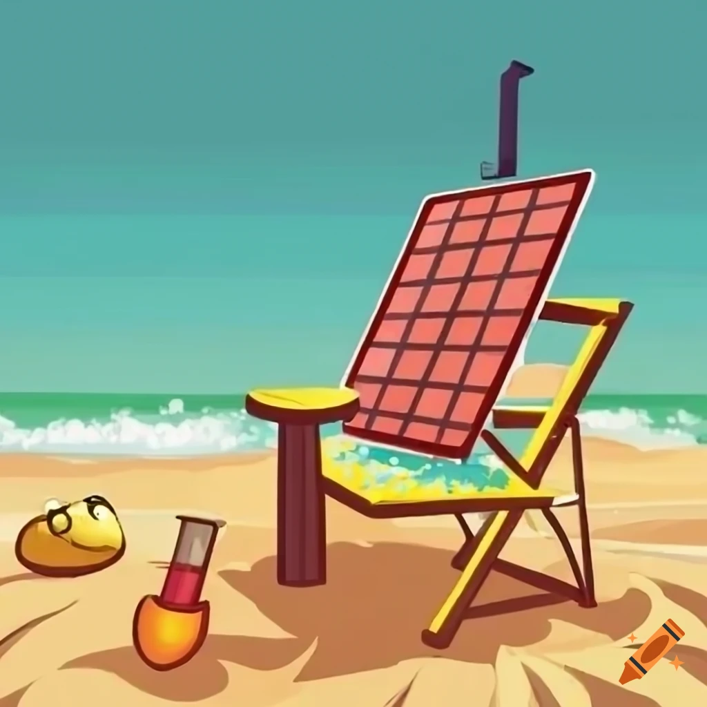 Cartoon solar panel partying on the beach