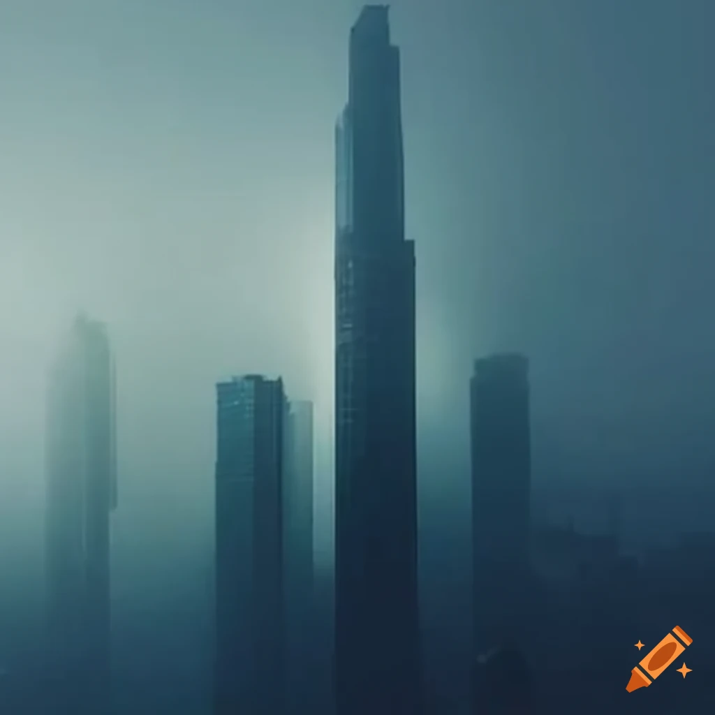 Ominous skyscraper engulfed in thick mist on Craiyon