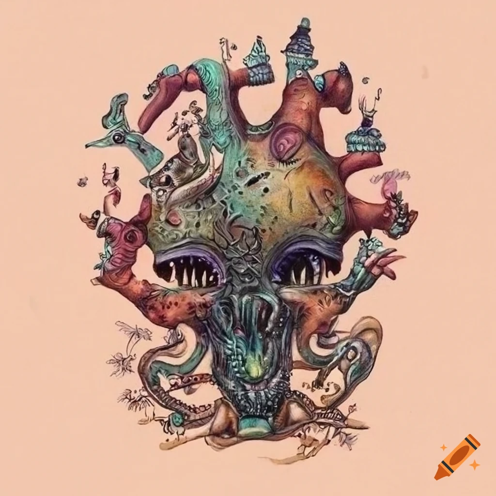 Joe fenton drawing scene decor microcosme many creatures surrealist ...