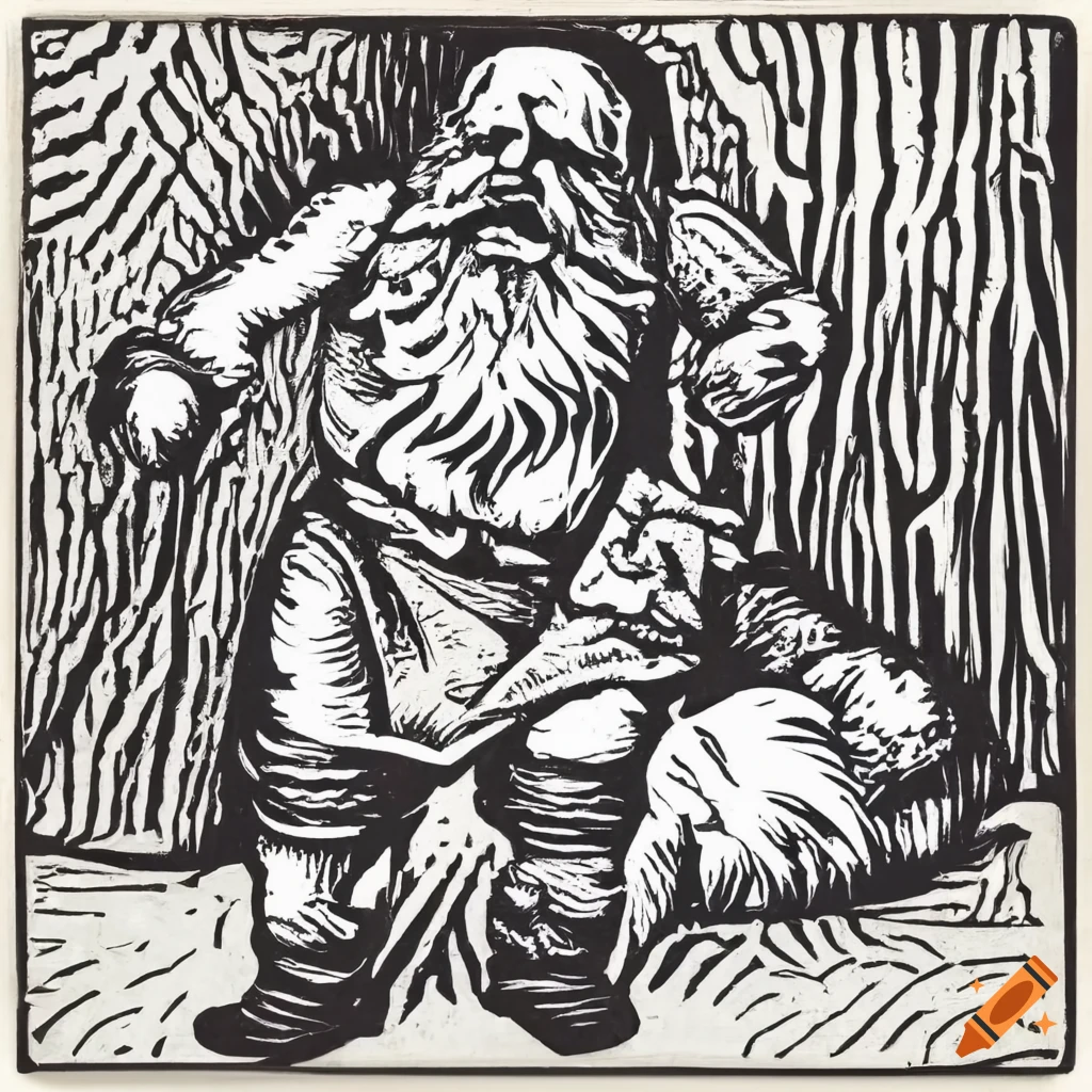 Monochrome woodcut wounded dwarf