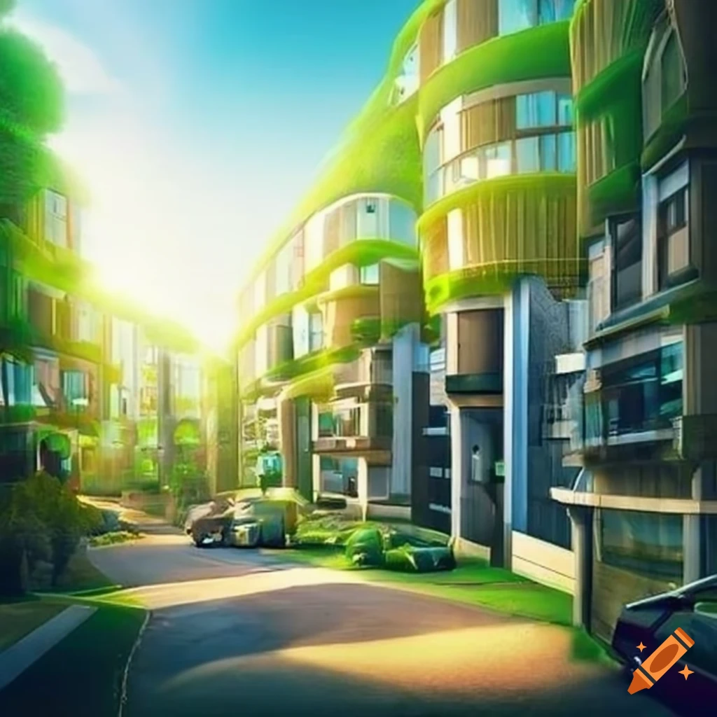 Futuristic suburb, beautiful trees, happy people on Craiyon