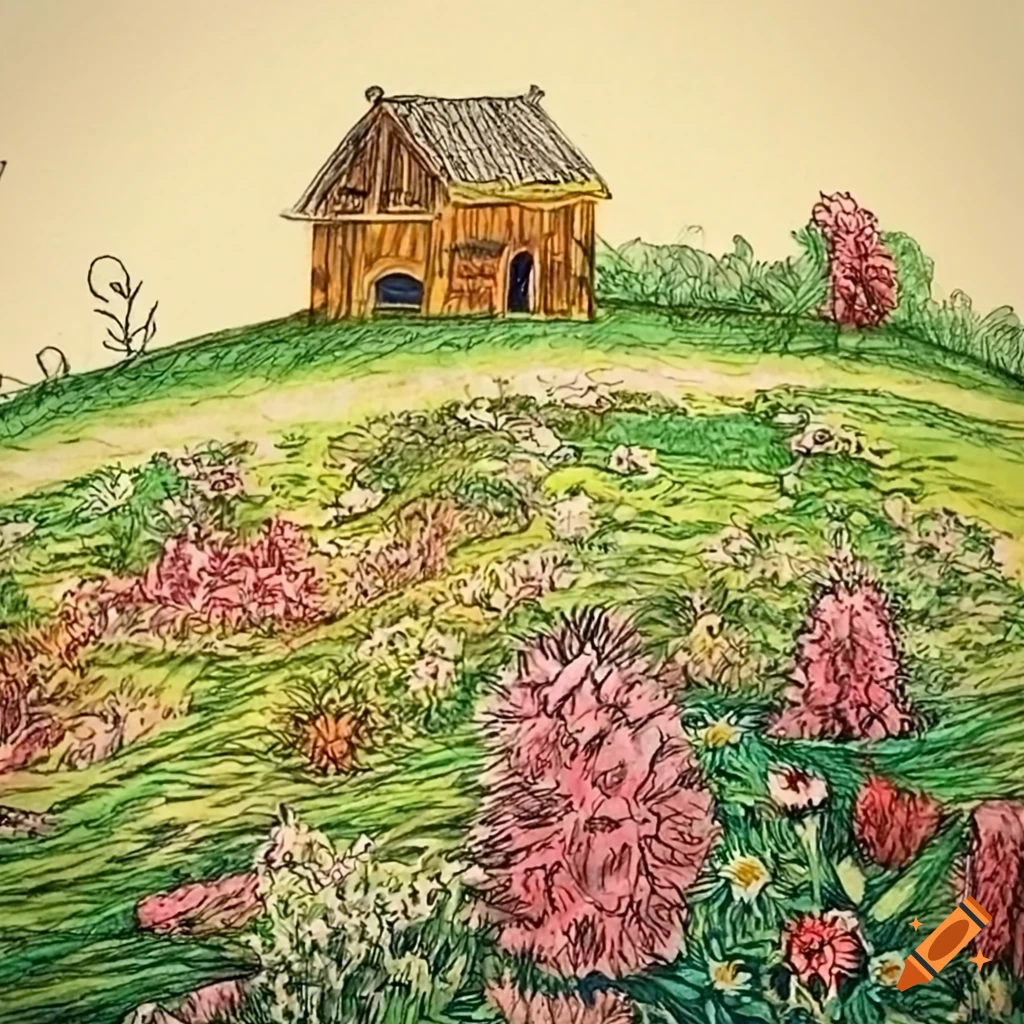 Drawing of a hut on a hill full of flowers on Craiyon