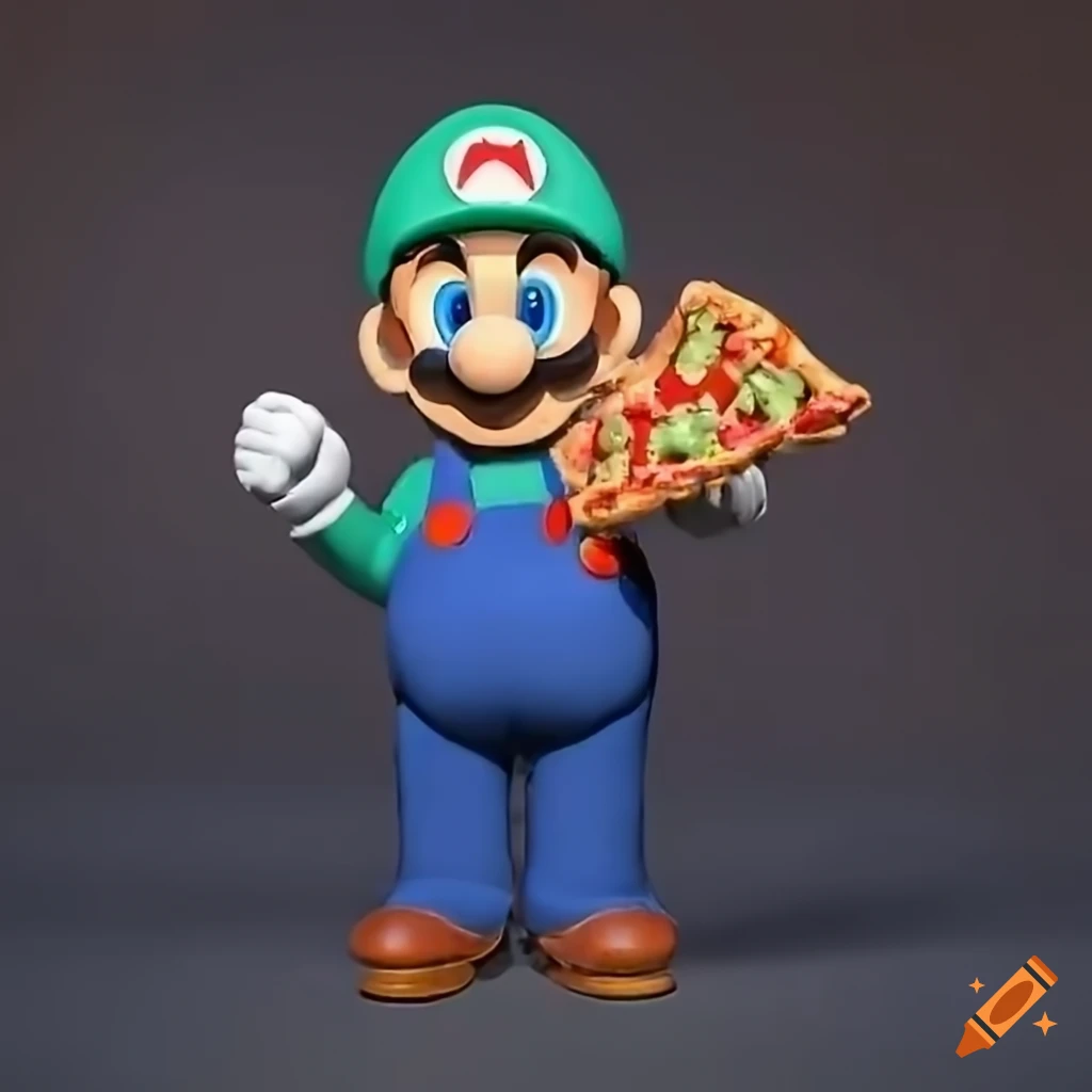 Italian super mario holding pizza, realistic, photography on Craiyon