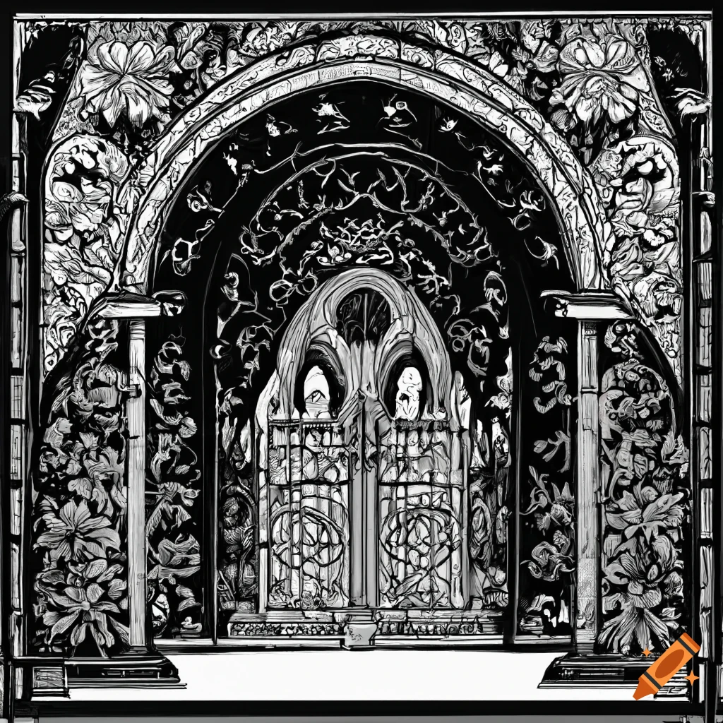 Create a detailed illustration of a gate with a linteled opening, and a ...