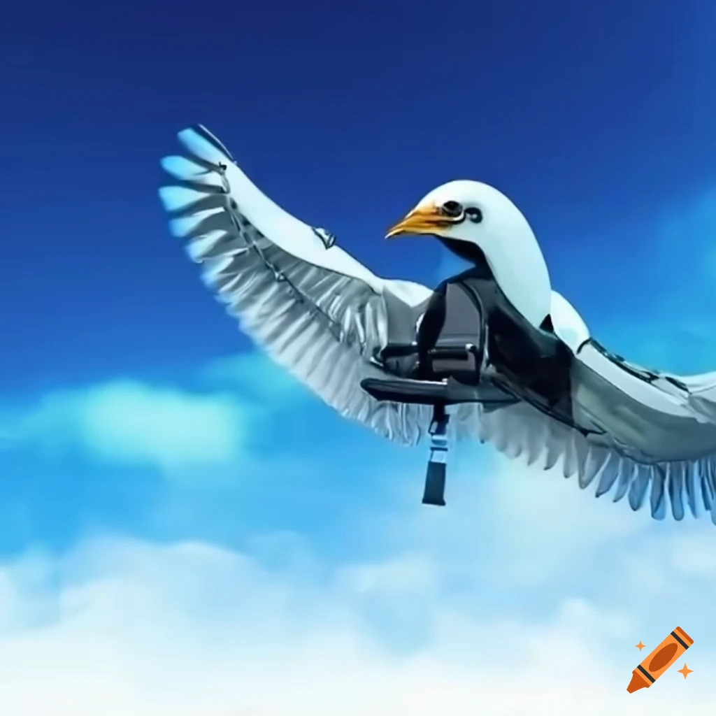 A futuristic robotic bird soaring through the sky on Craiyon