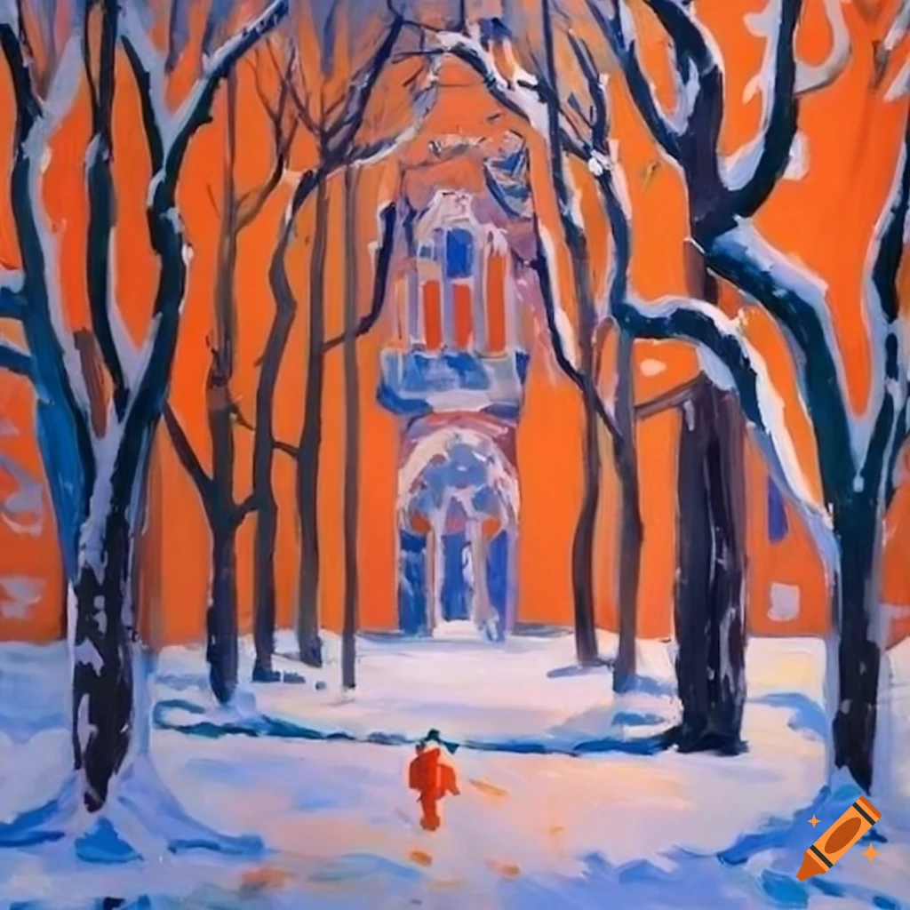 Snowy trees in syracuse university in henri matisse's art style