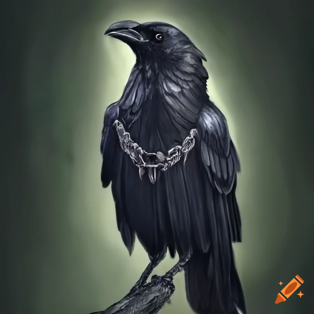 A majestic raven wearing a bone necklace perched on a branch