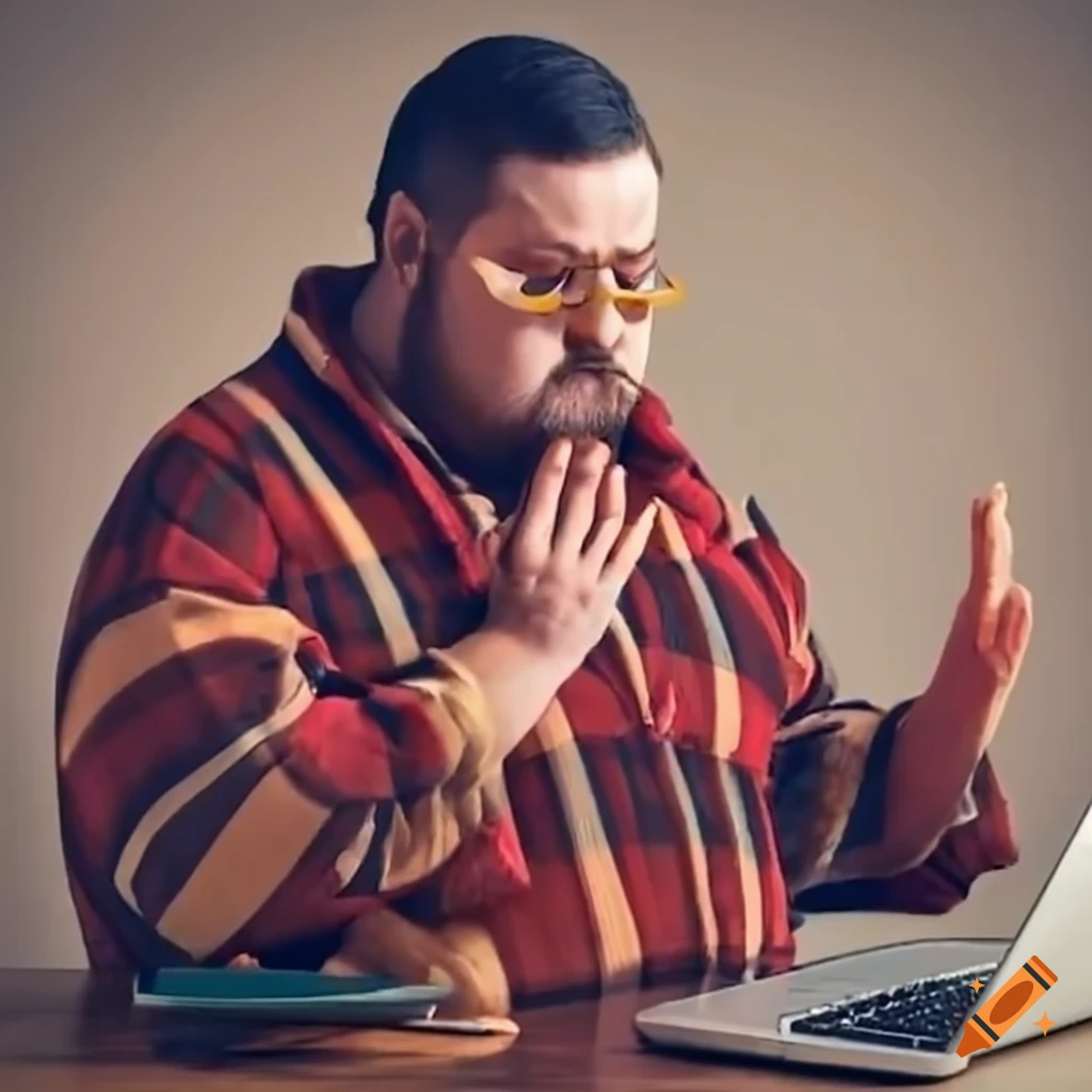 Fat plaid wearing man refusing to play on computer on Craiyon