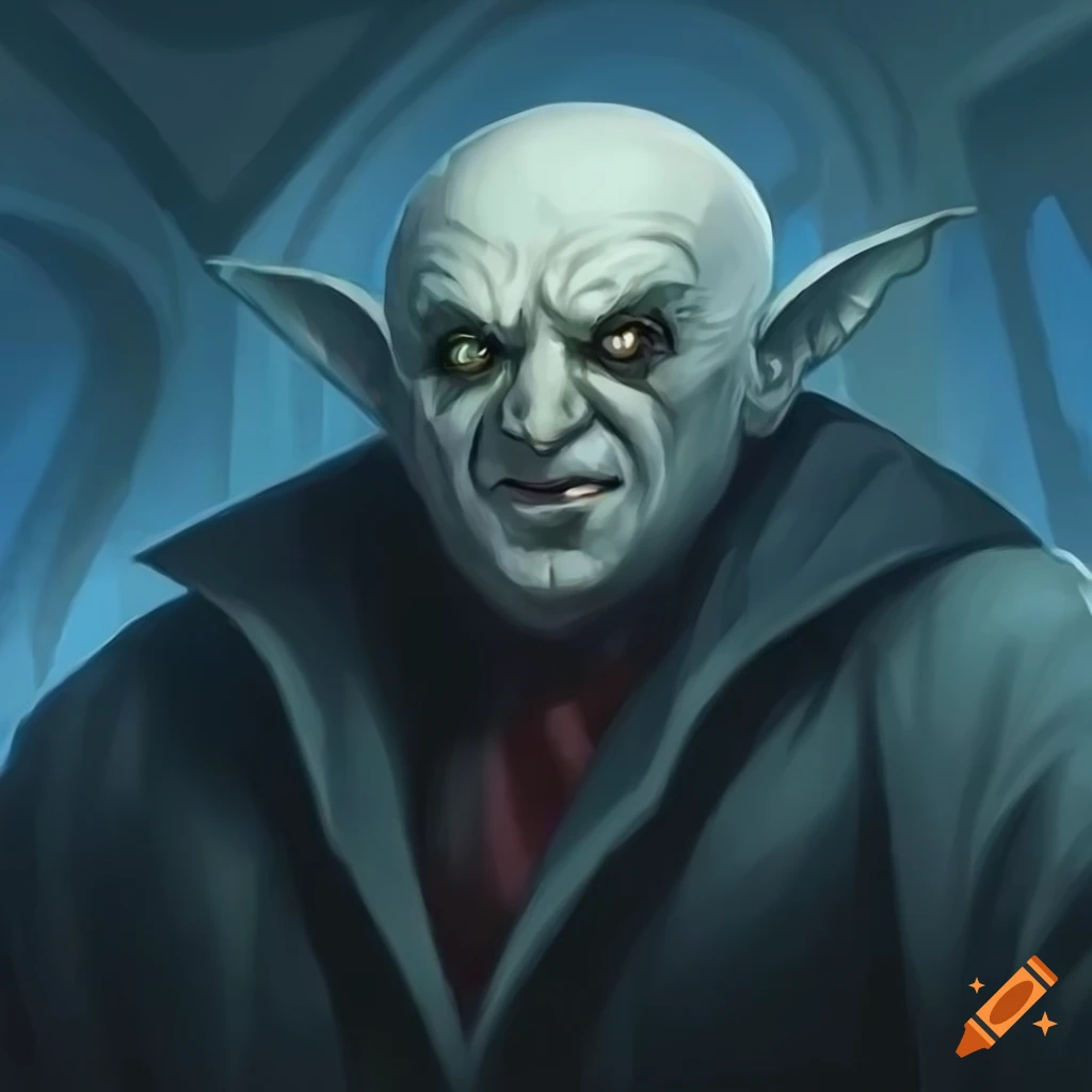 Fat bald male grey-skinned nosferatu wearing formal fantasy robes with ...