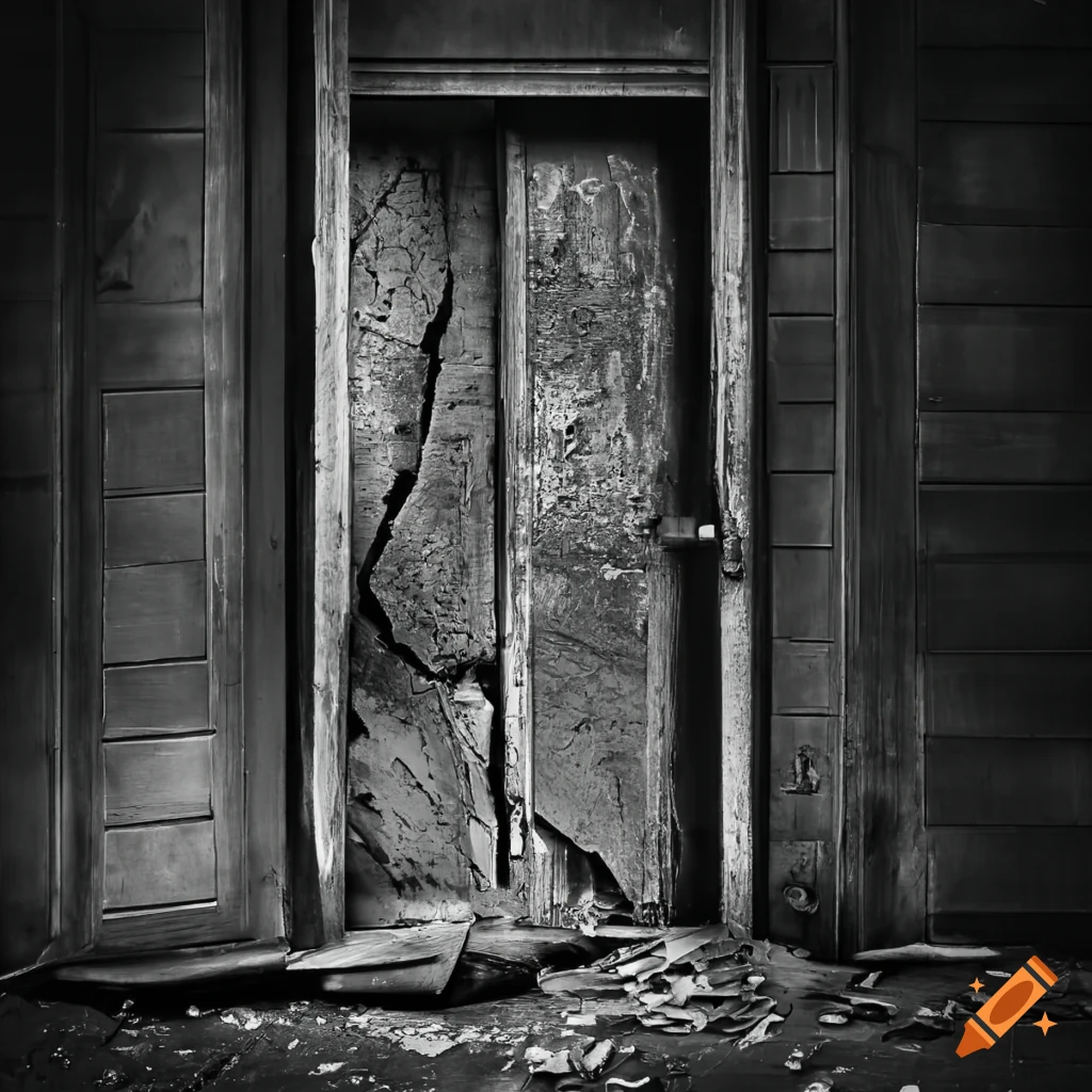 Black and white photo of broken doors on Craiyon