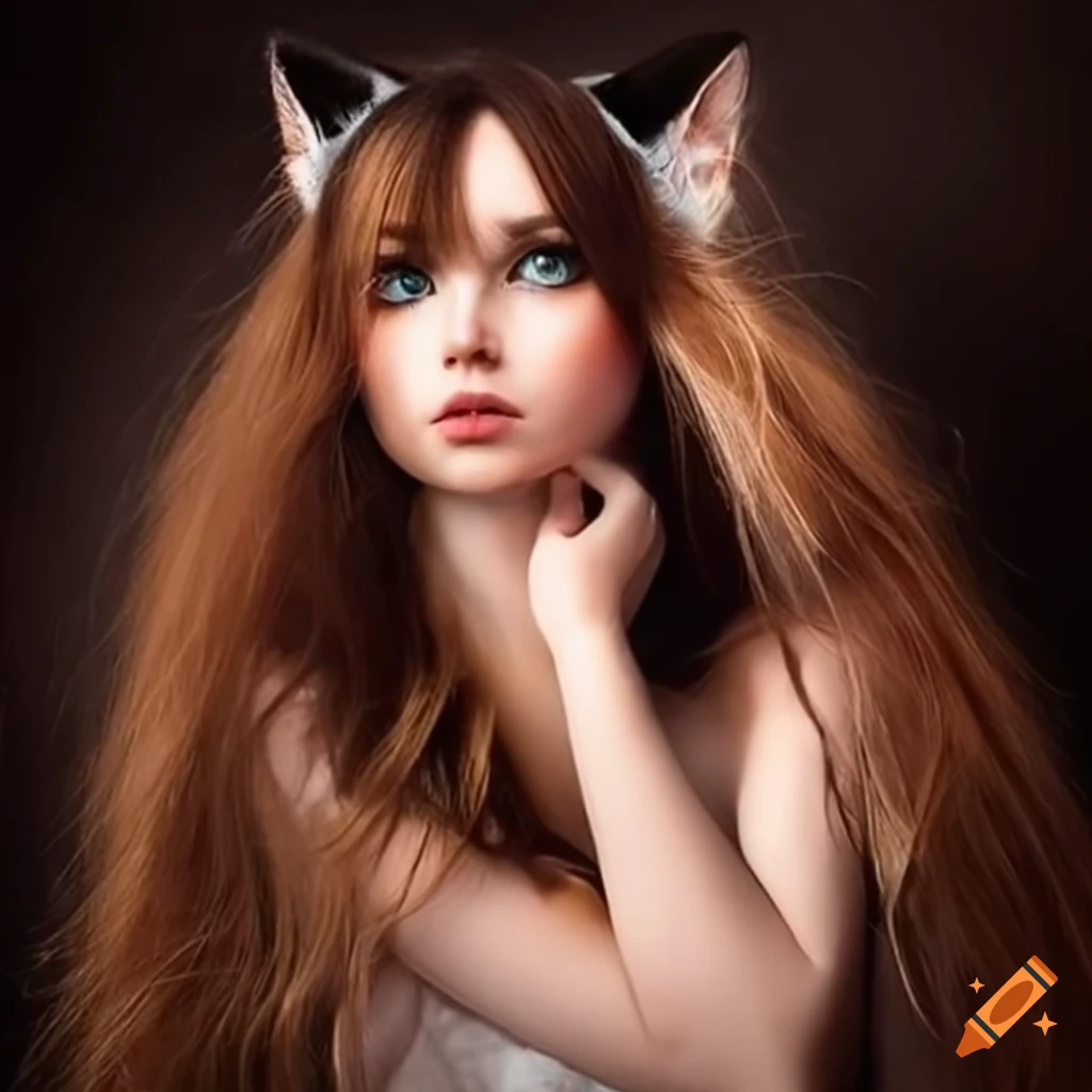 Pretty cat girl long brunette hair hazel eyes