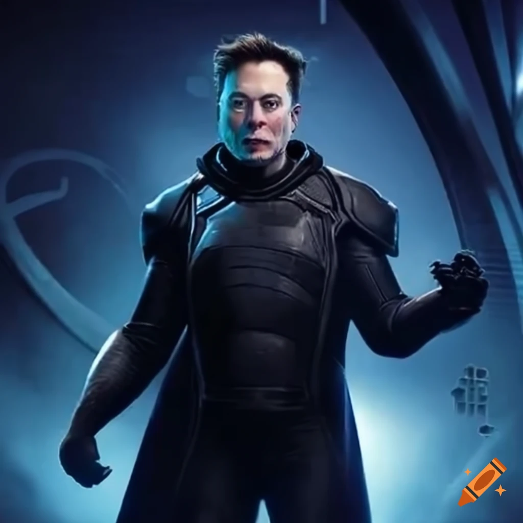 Elon musk as a comic book villain with the SpaceX logo on his chest and ...