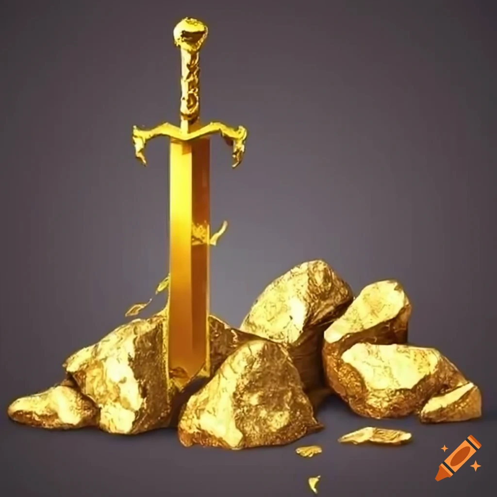 Shining golden sword upside down half stabbed to a pile of gold rocks ...