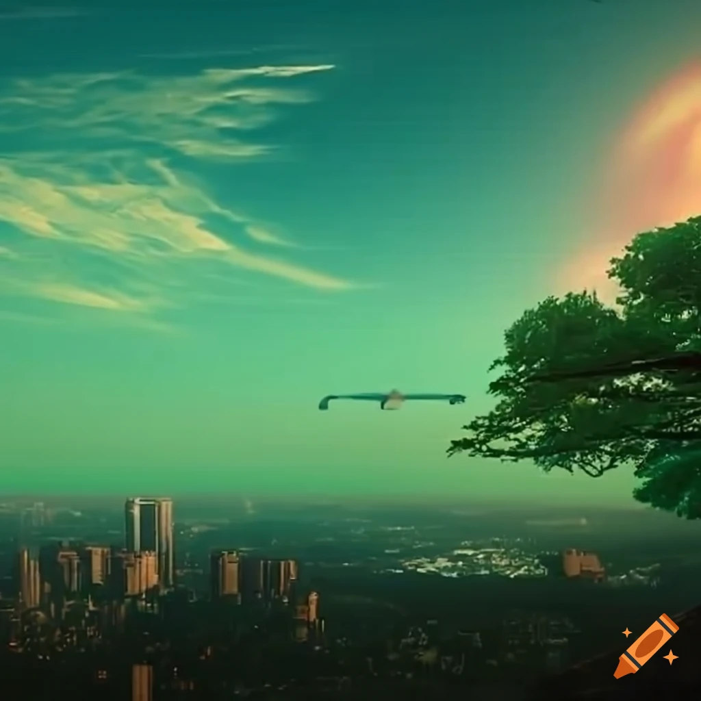 There is an passenger aircraft, it flys over a green tree. on the left ...