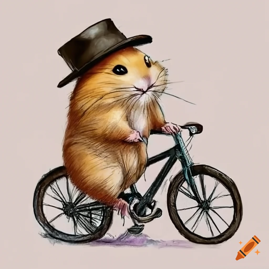 A chunky hamster with a tophat sitting on a bike on Craiyon