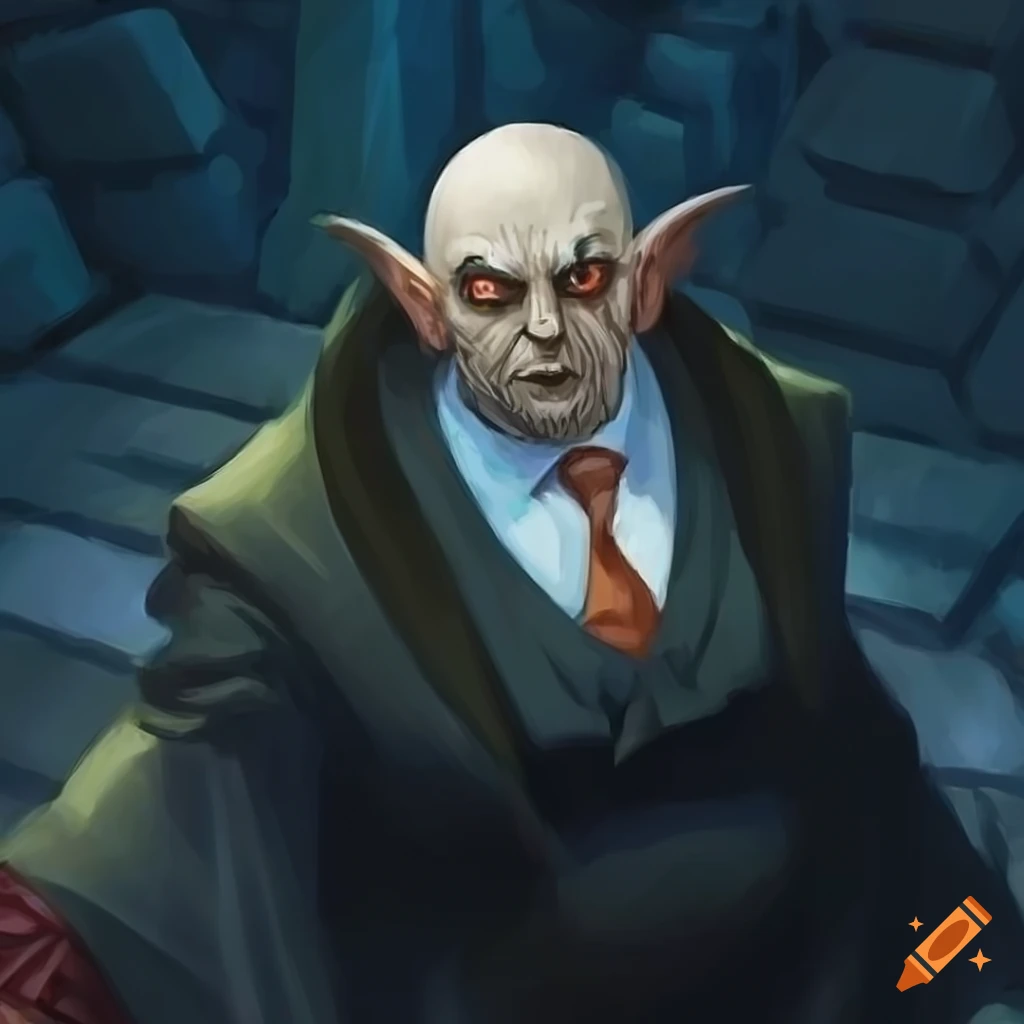 Fat bald male grey-skinned nosferatu wearing formal fantasy robes with ...