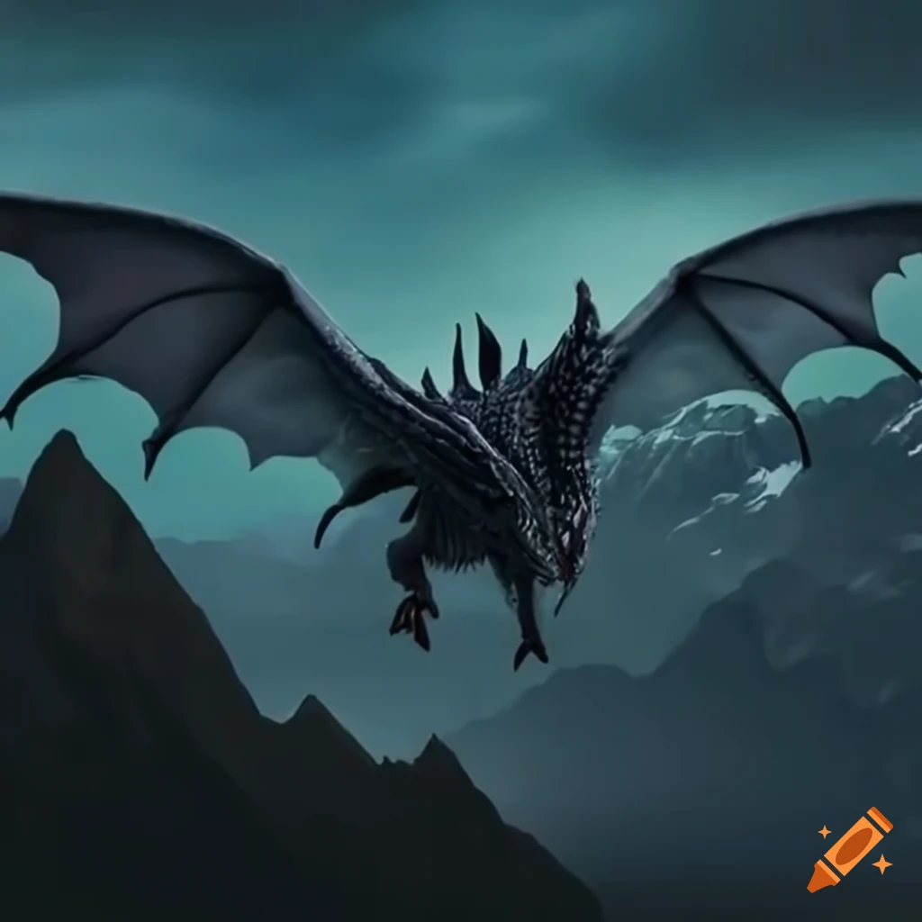 A fierce dragon flying over a mountain range