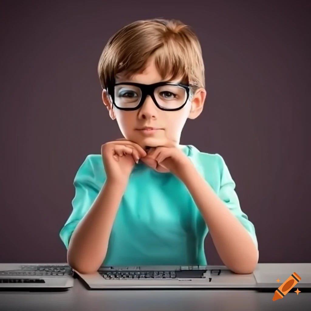 Nerd kid in front of computer on Craiyon