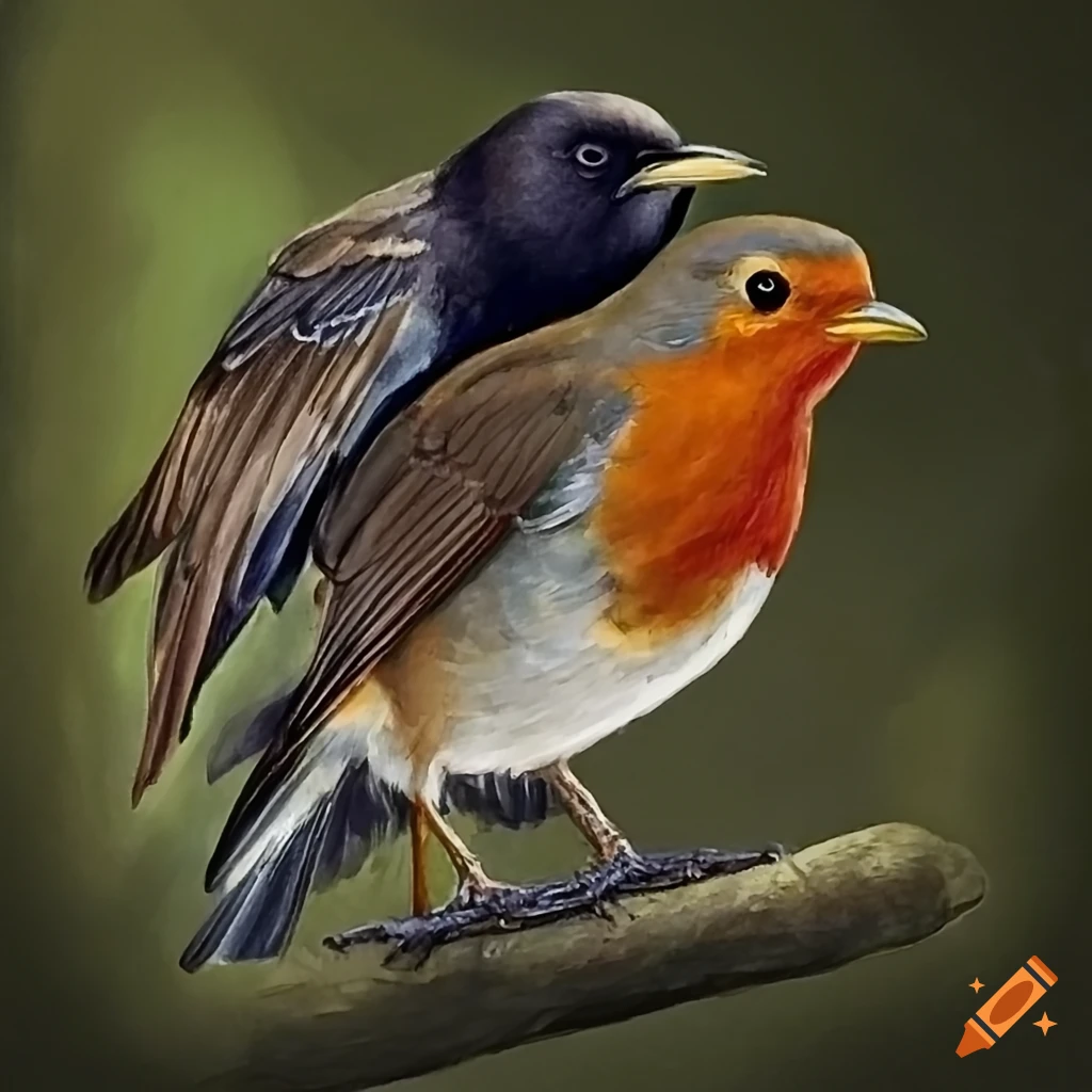 Two birds on a branch, a robin and a raven on Craiyon