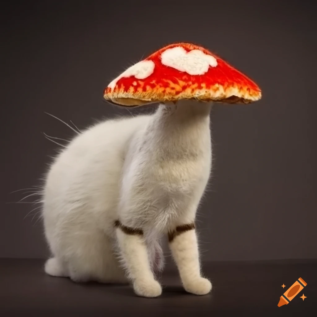 Mushroom cat with full body and tail made of felt with big glass eyes