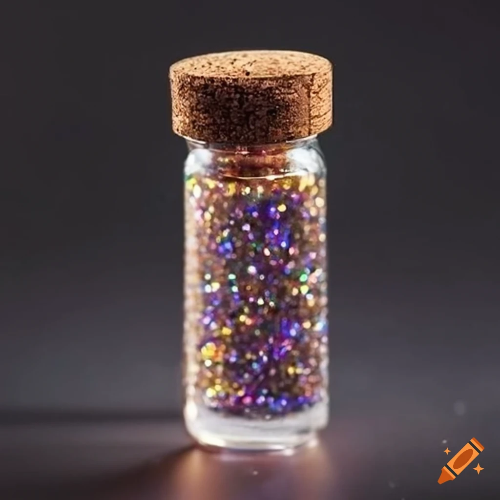 This glass vial holds 4 ounces of glitter and is stoppered with a cork ...