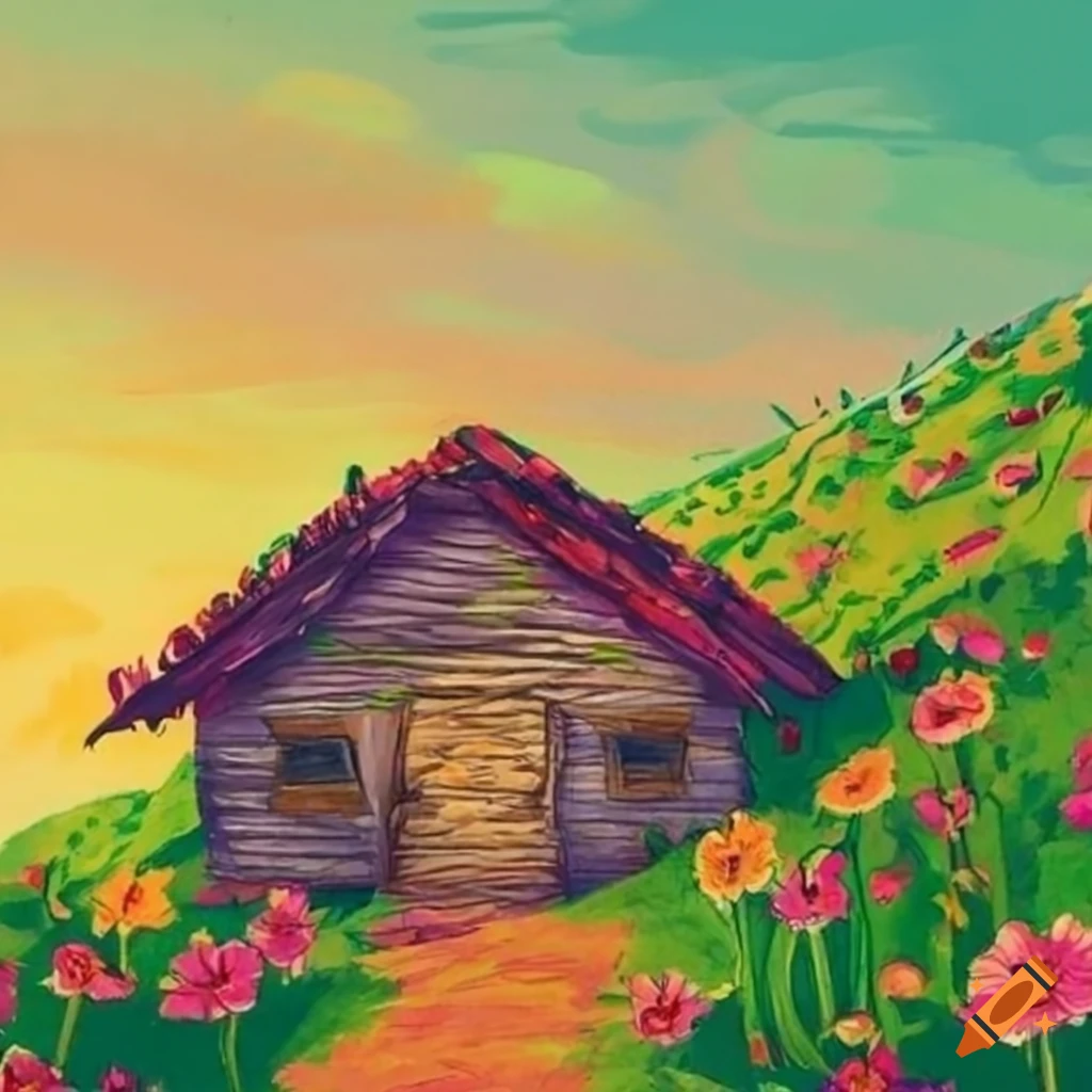 Drawing of a hut on a hill full of flowers