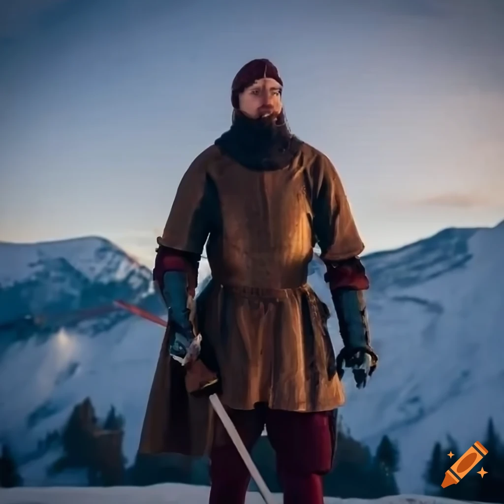 Medieval knight naval captain on ski slopes in mountains. He has a ...