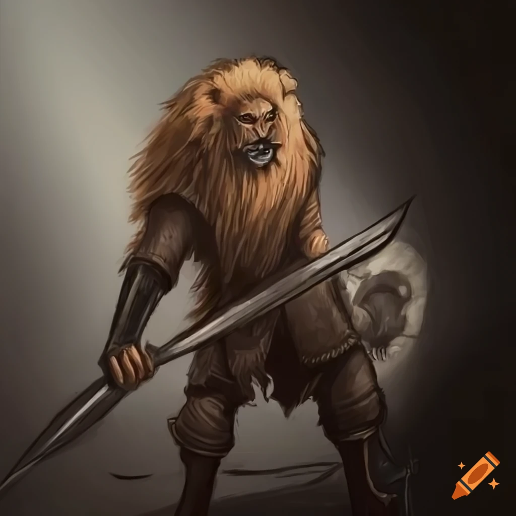 A majestic leonin warrior brandishing sword and shield