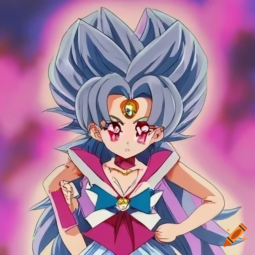 Sailor Chibi Moon with short grey spiky SSJ hair, red eyes, and a blue ...