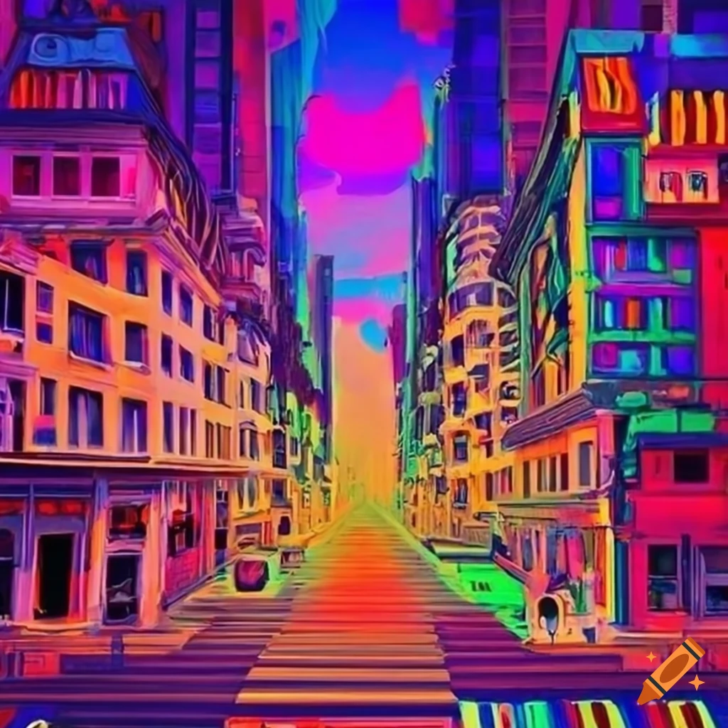 Vibrant, surreal cityscape with psychedelic buildings