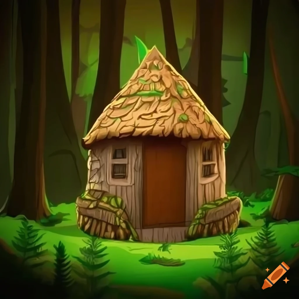 Cartoon image dwarf house made of fern and moss bark roof in the forest ...