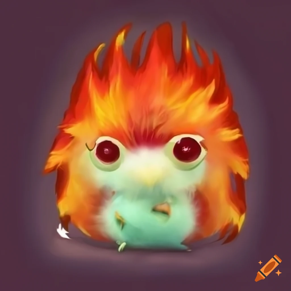 An fluff ball creature with fiery fluffy tail, bird wings, Pikmin face ...