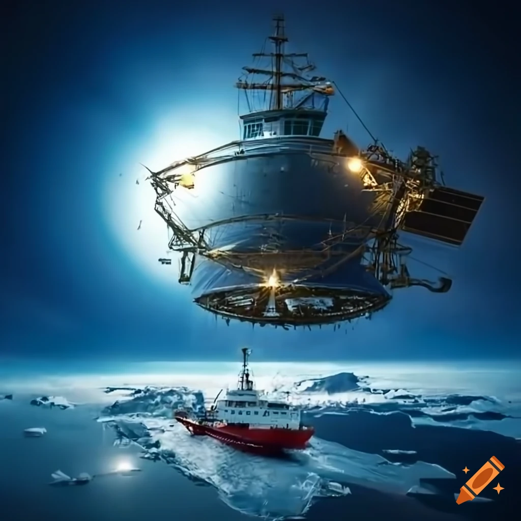 Icebreaker in space, mast, satellite dishes,ship repair, sun light ...