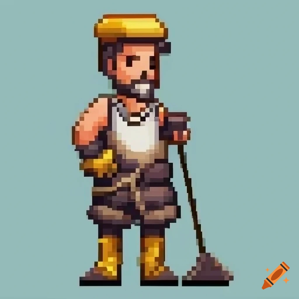 Trendy ancient janitor , facing the right, 2d video game sprite, blank ...