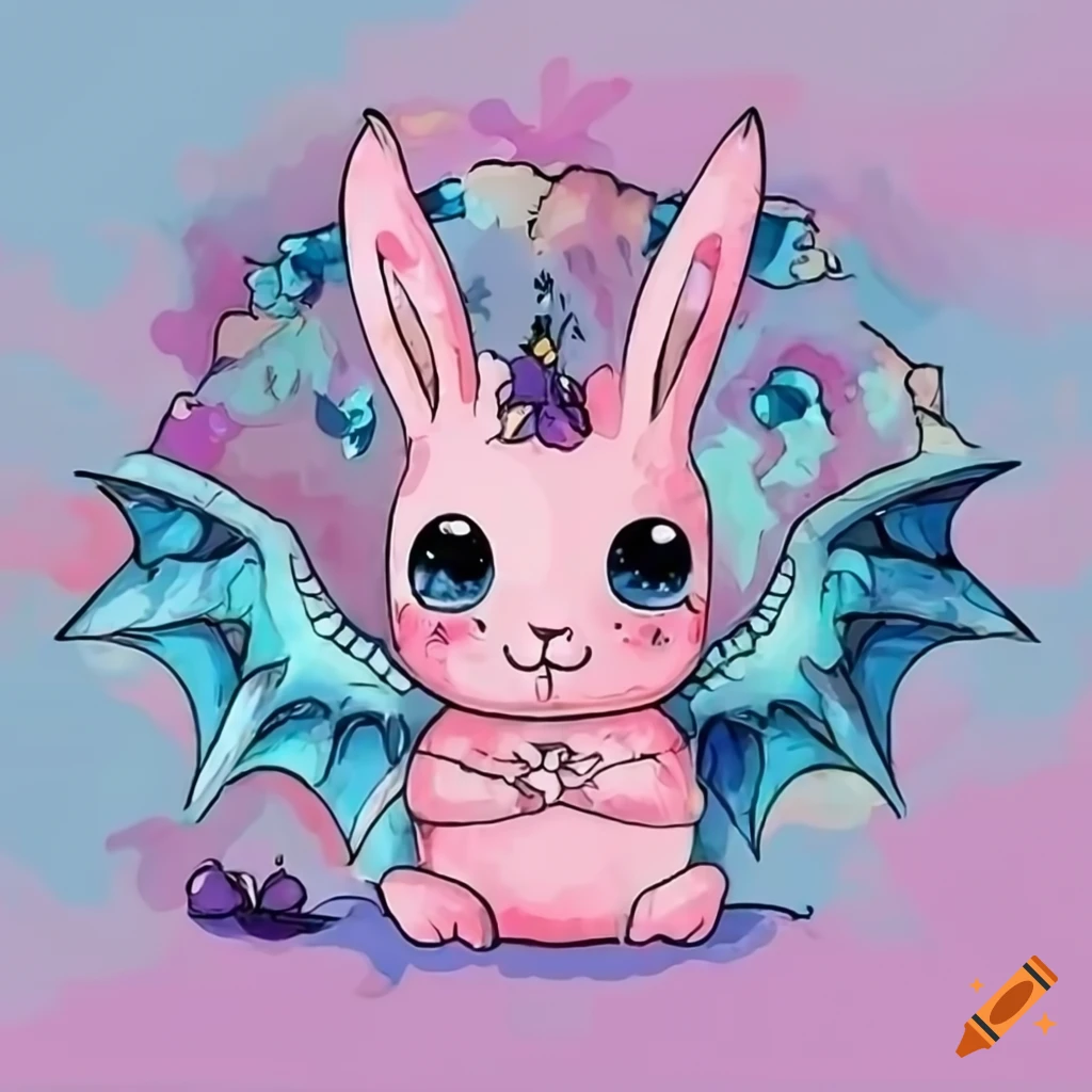 Kawaii rabbit dragon with pastel goth colors and adorable eyes