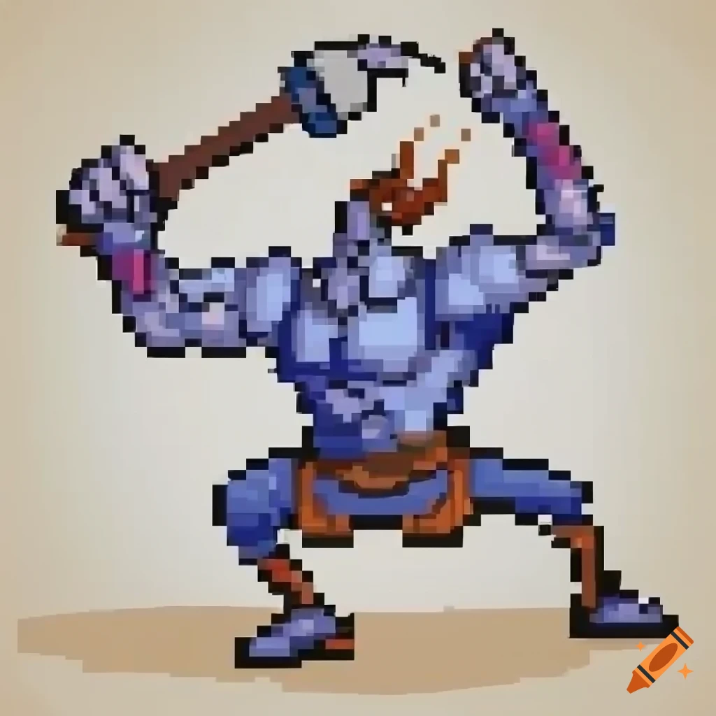 Hammer held up in the air with arms, pixel art