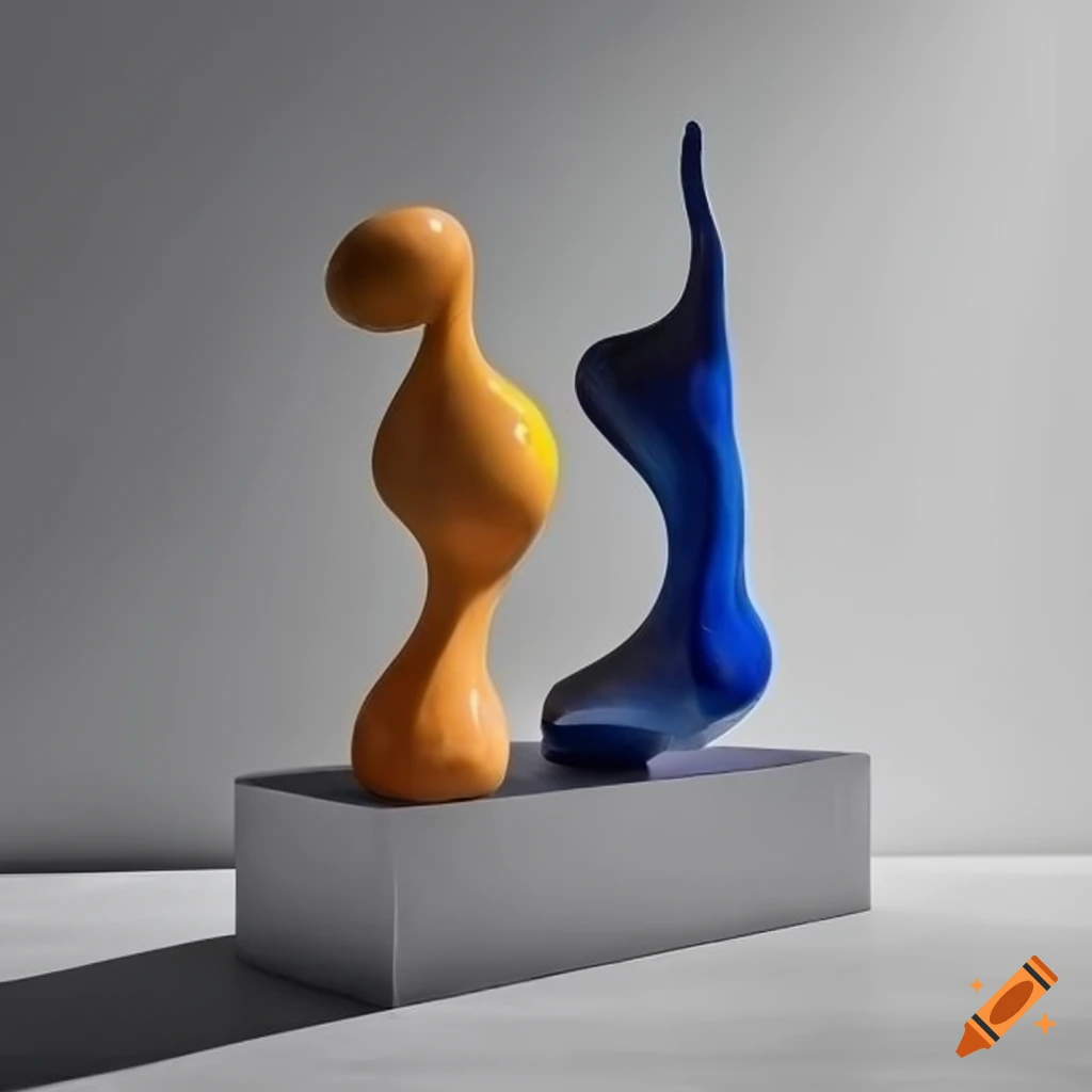 Vibrant abstract blobs sculpture inspired by Miro, made of colorful resin big scale in a white ...