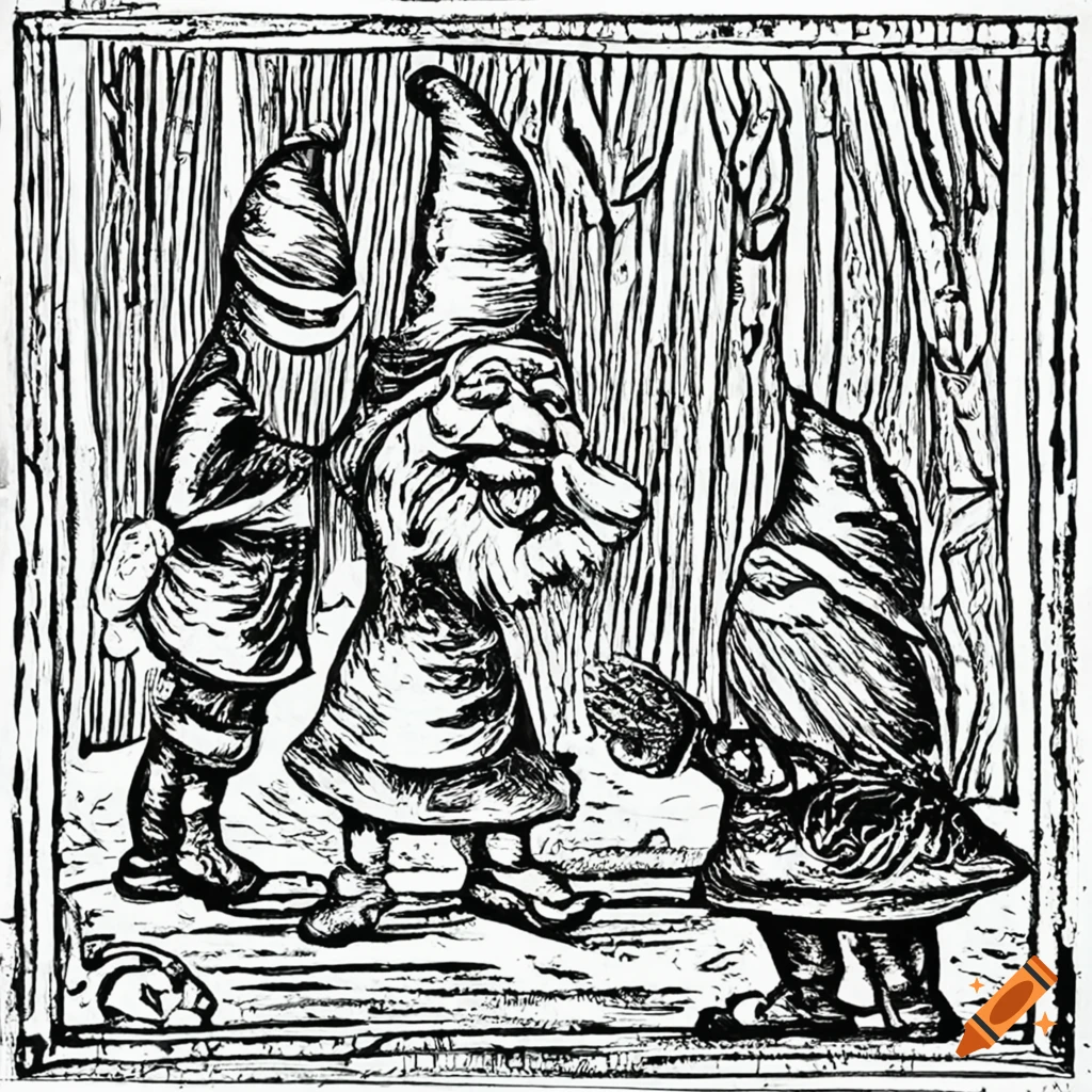 Monochrome woodcut eight gnomes arguing on Craiyon