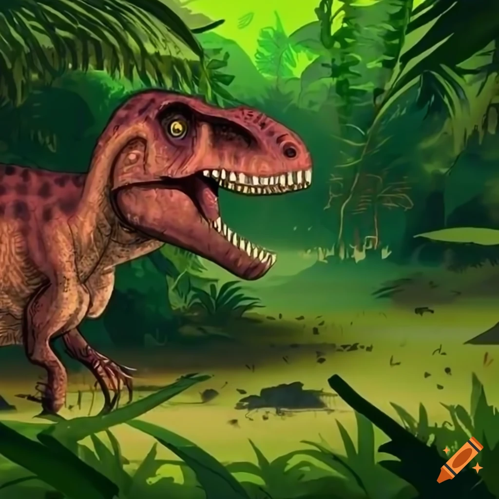 A tyrannosaur in the middle of a tropical forest with manga style on ...