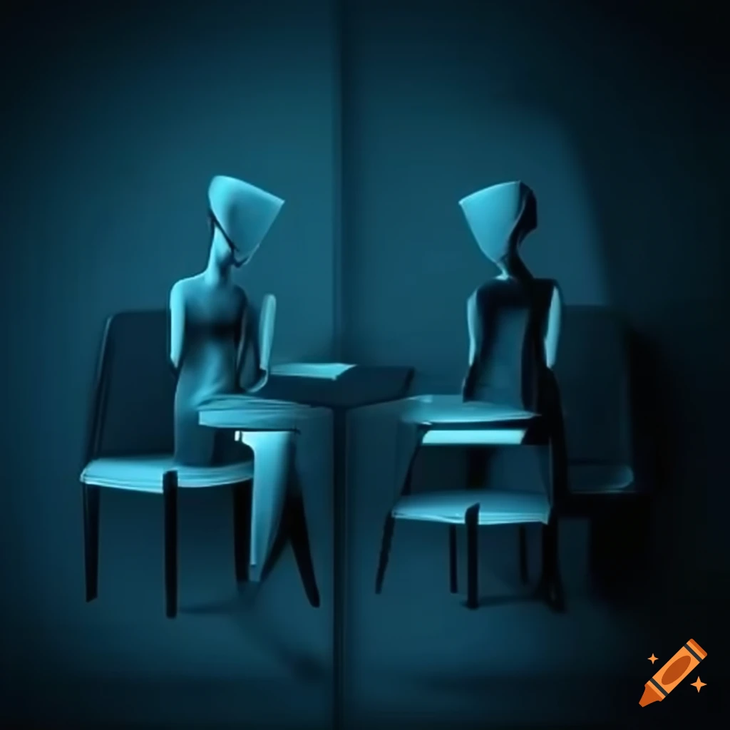 An abstract image of a job interview with 3 people around a tabe