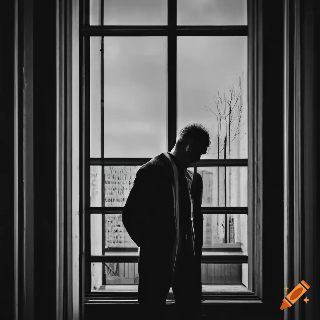 Black and white standing man at the window of a building with a city ...