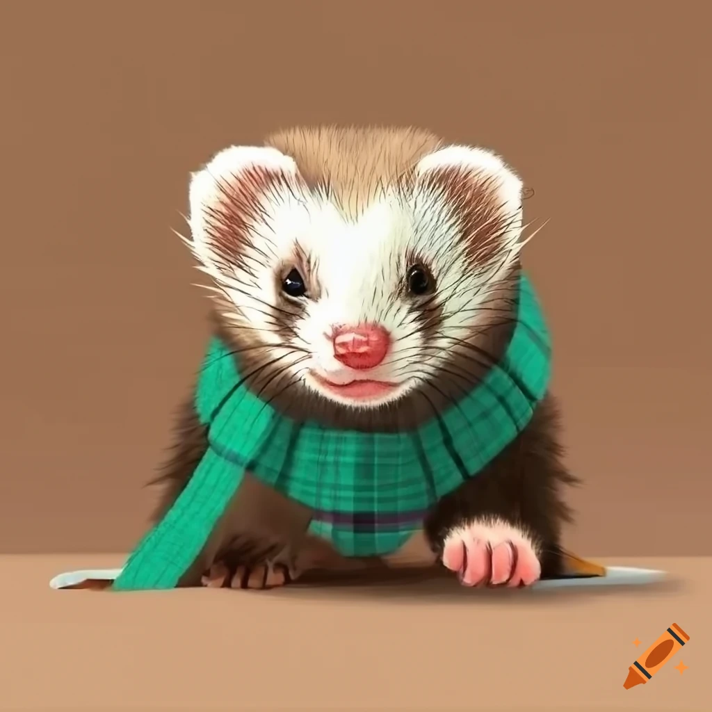 Ferret with tartan scarf crouching