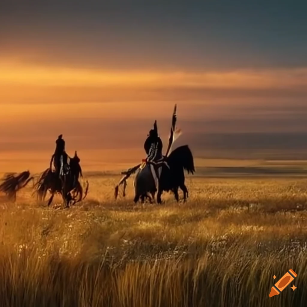 Traditional native americans riding over the prairie